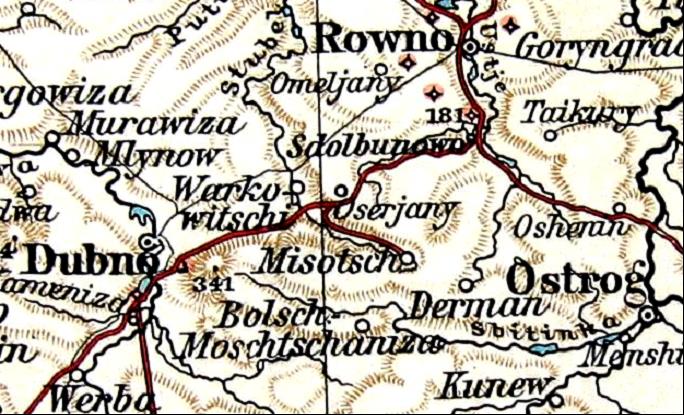 Oserjany (Ozeyany) on 1912 German map (Andress Allgemeiner Handatlas)